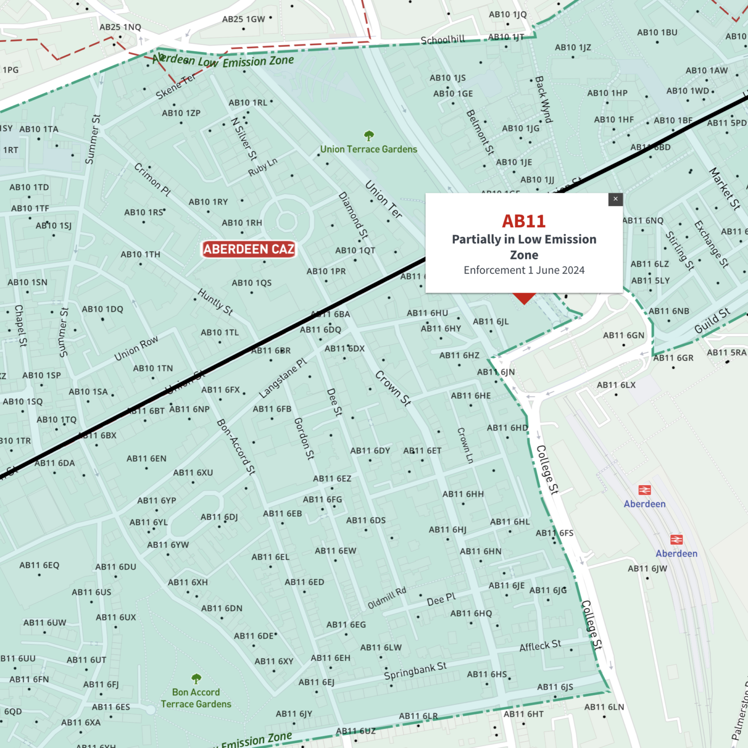 Interactive map of Aberdeen Low Emission Zone and all AB postcodes ...