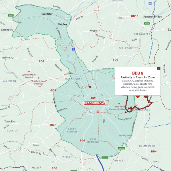 Bradford Clean Air Zone map with BD postcode boundaries - interactive ...