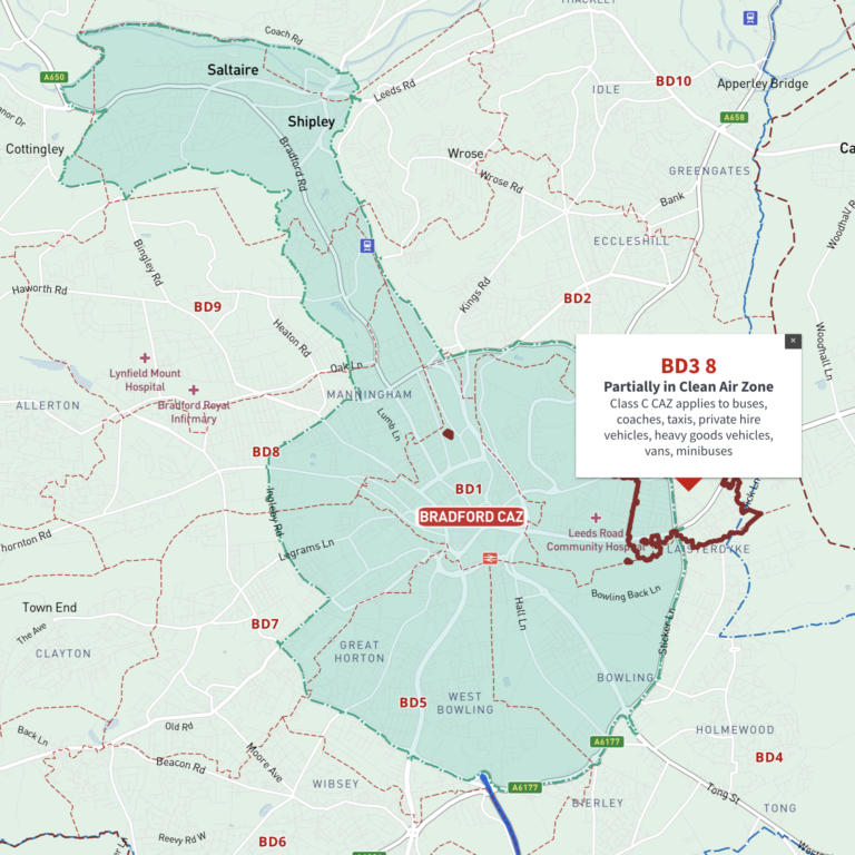 Bradford Clean Air Zone map with BD postcode boundaries - interactive ...