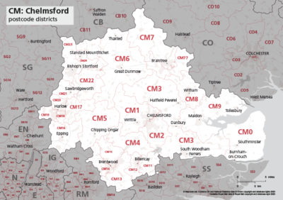Map of CM postcode districts – Chelmsford – Maproom
