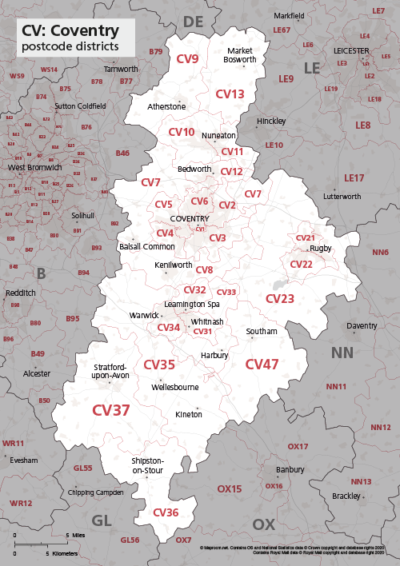 Map of CV postcode districts – Coventry – Maproom