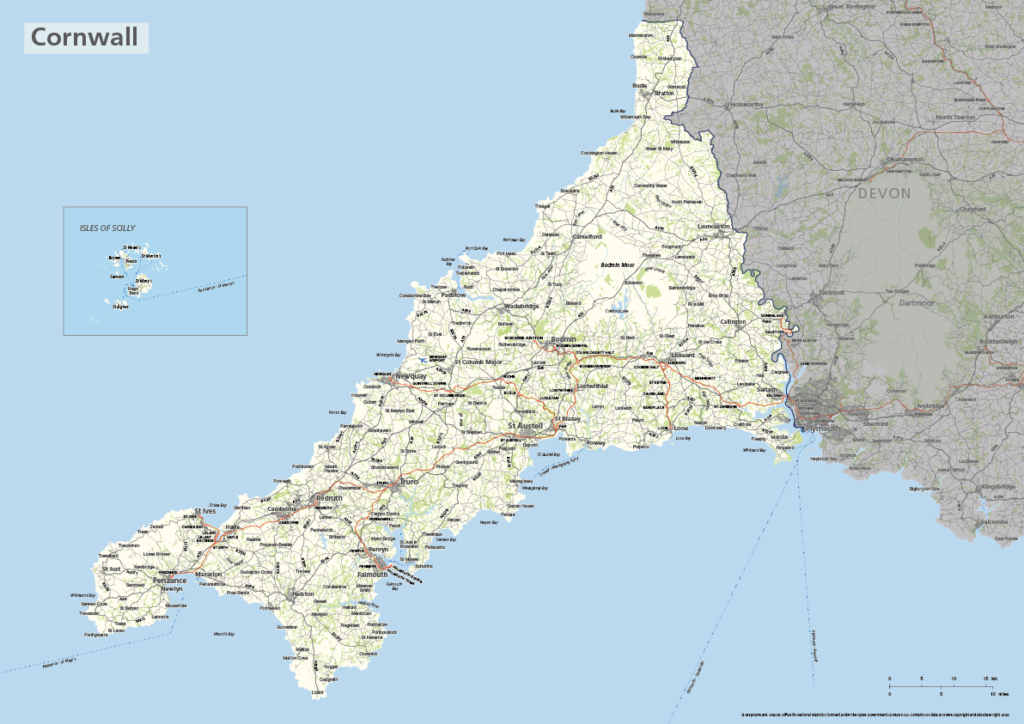 Cornwall county map with Isles of Scilly – Maproom