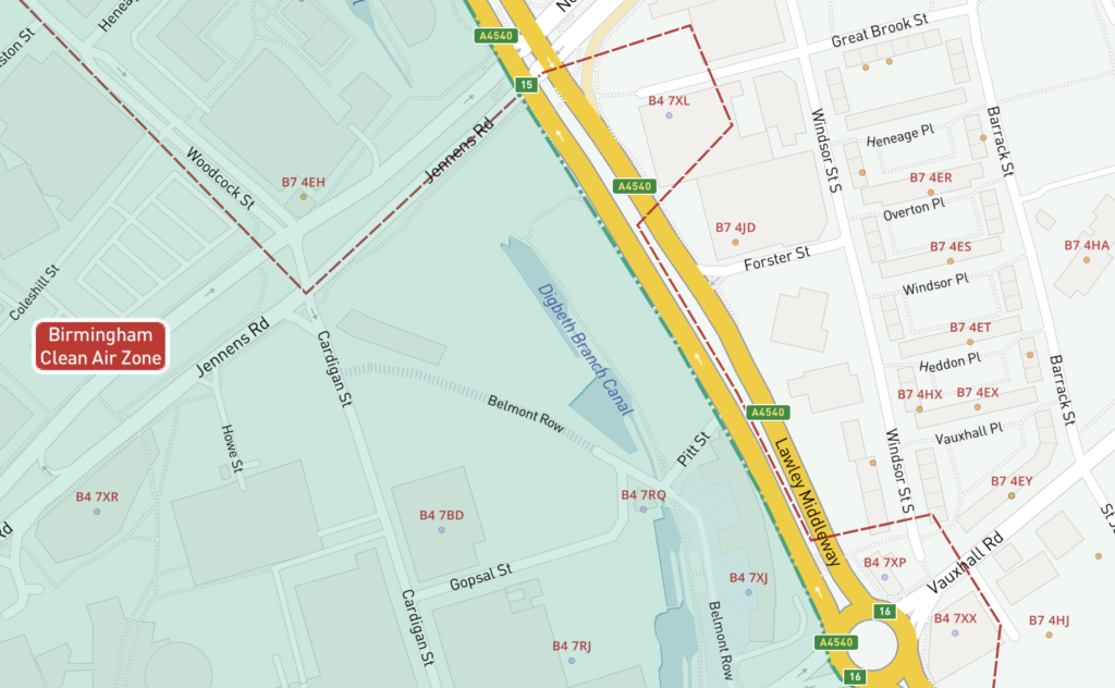 Interactive map of Birmingham Clean Air Zone with postcodes – Maproom