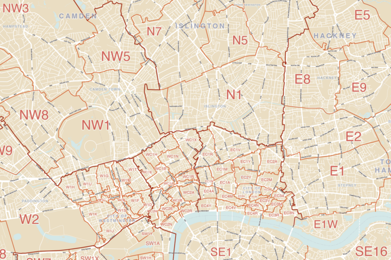 Supersize map of Greater London postcode districts with full road network – Maproom