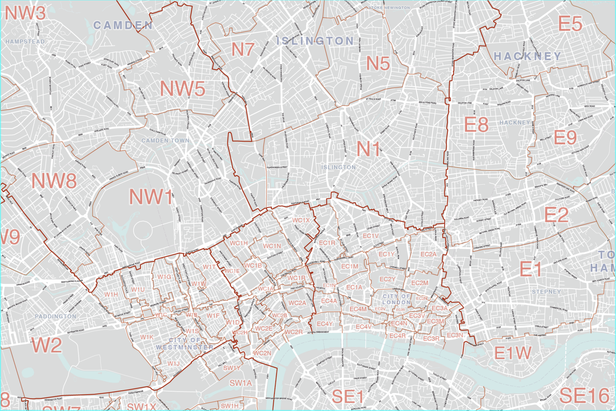 Supersize map of Greater London postcode districts with full road ...