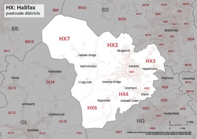 Map of HX postcode districts – Halifax – Maproom