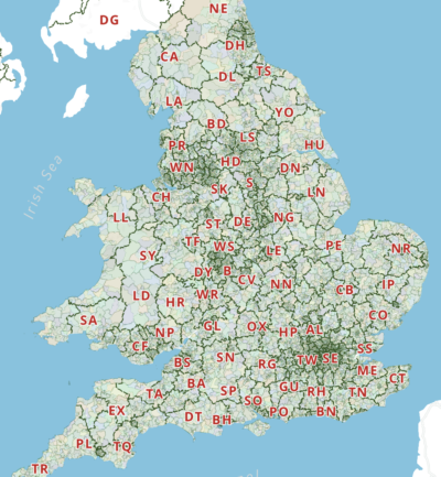 Local Authorities + Super Output Areas + Postcodes England Wales map ...