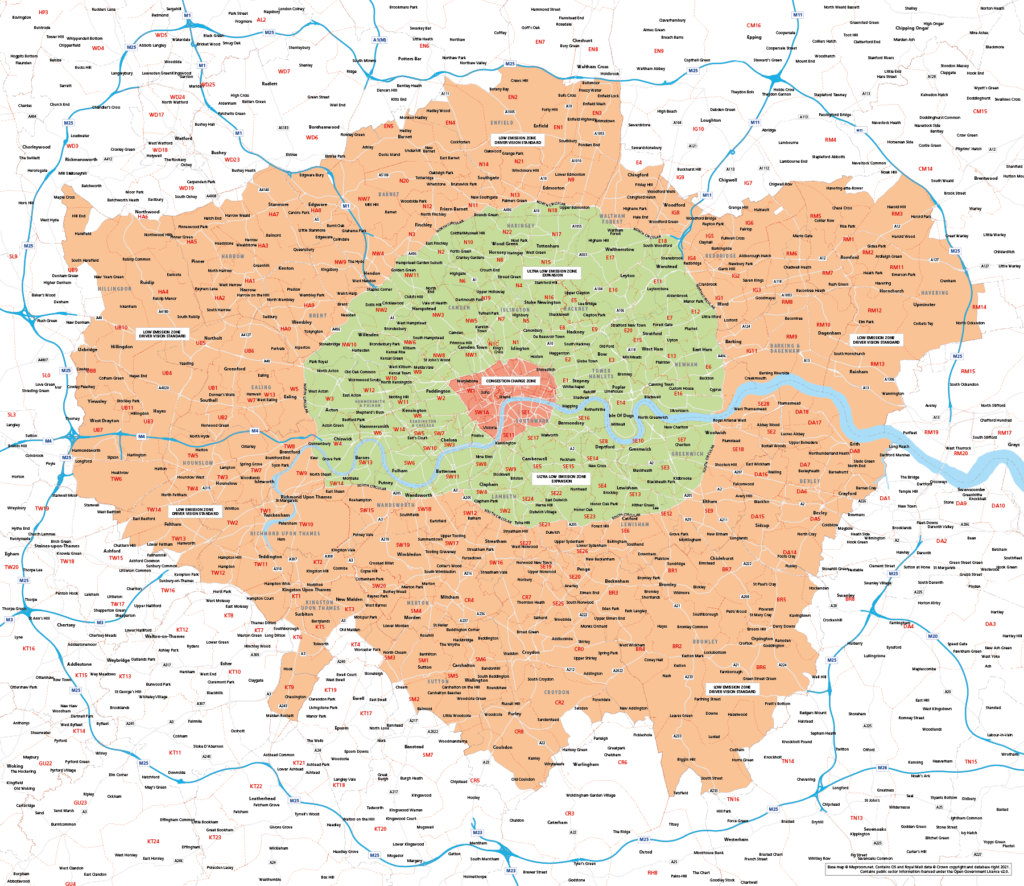 Map of postcodes plus London Low Emission Zone / DVS / ULEZ extension ...
