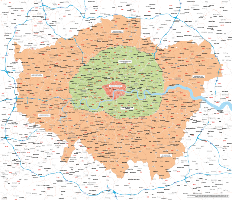 Map of postcodes plus London Low Emission Zone / DVS / ULEZ extension ...
