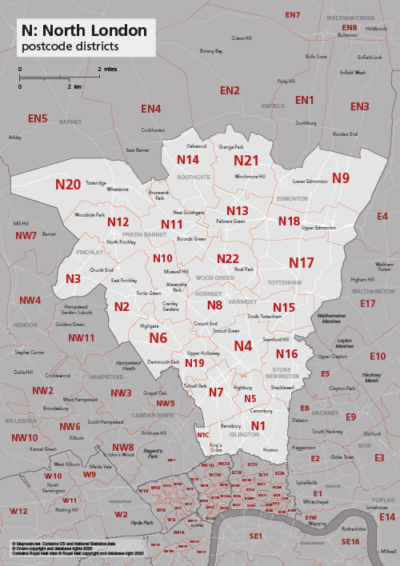Map of N postcode districts – North London – Maproom