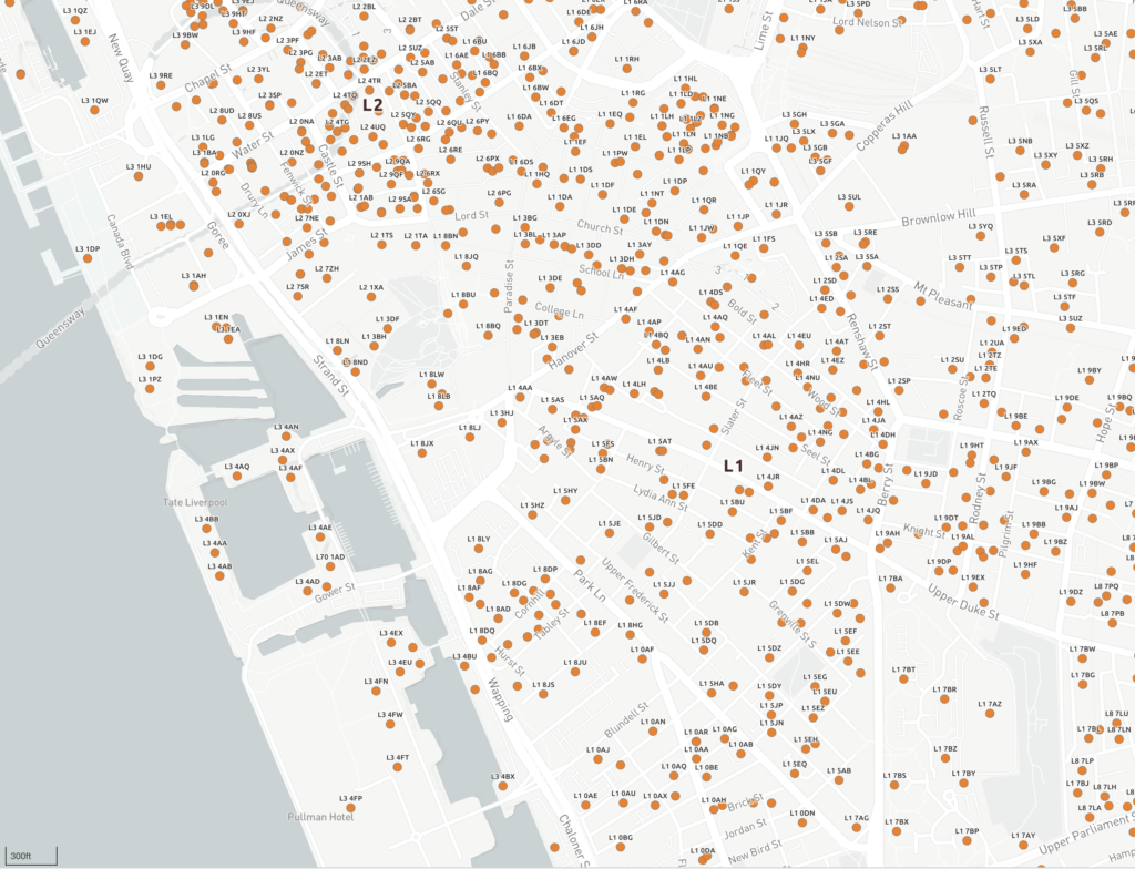 Postcode points coloured by Area preview – Maproom