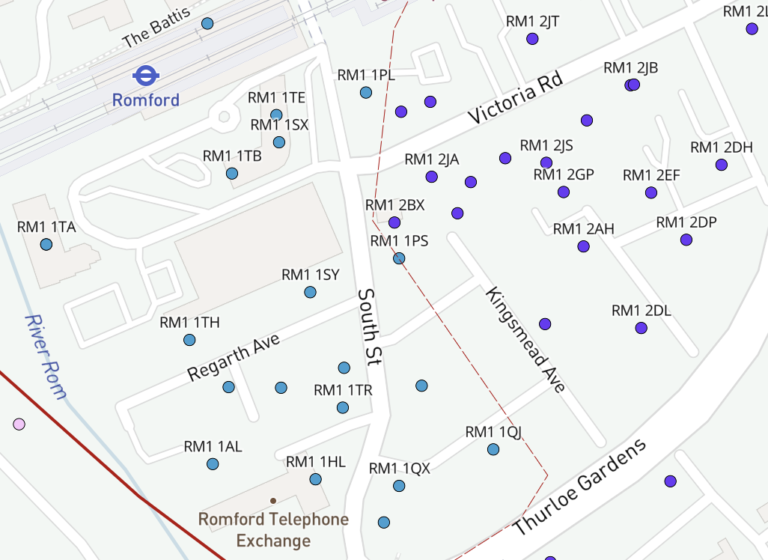 Map of RM postcode districts – Romford – Maproom