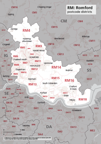 Map of RM postcode districts – Romford – Maproom