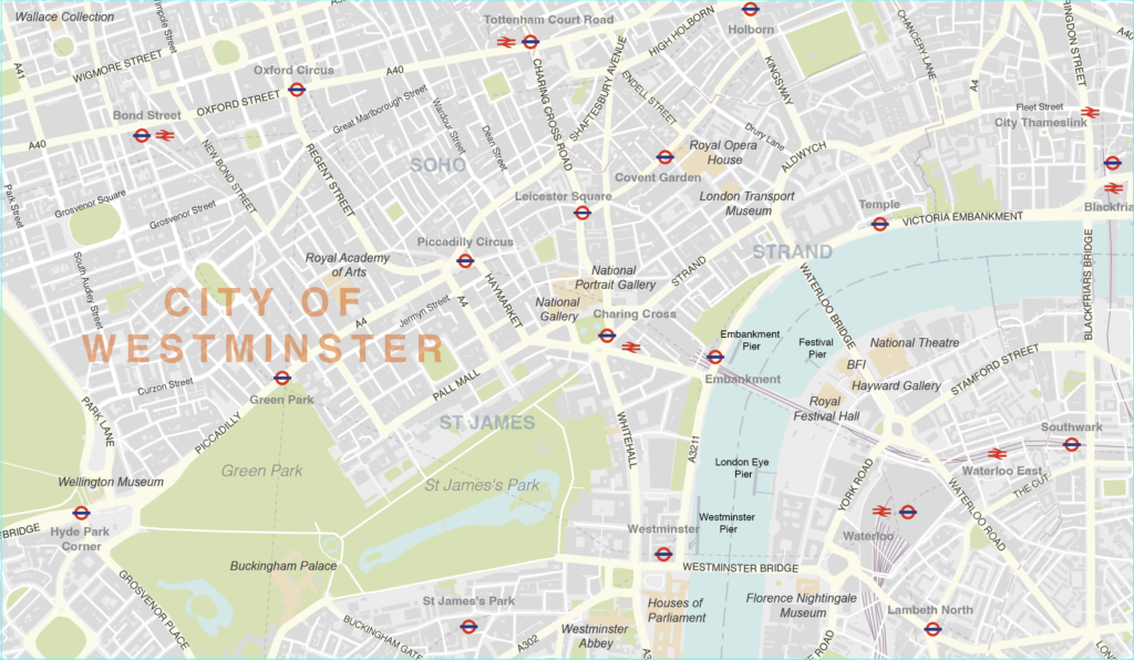 London map - districts, boroughs, transport, landmarks