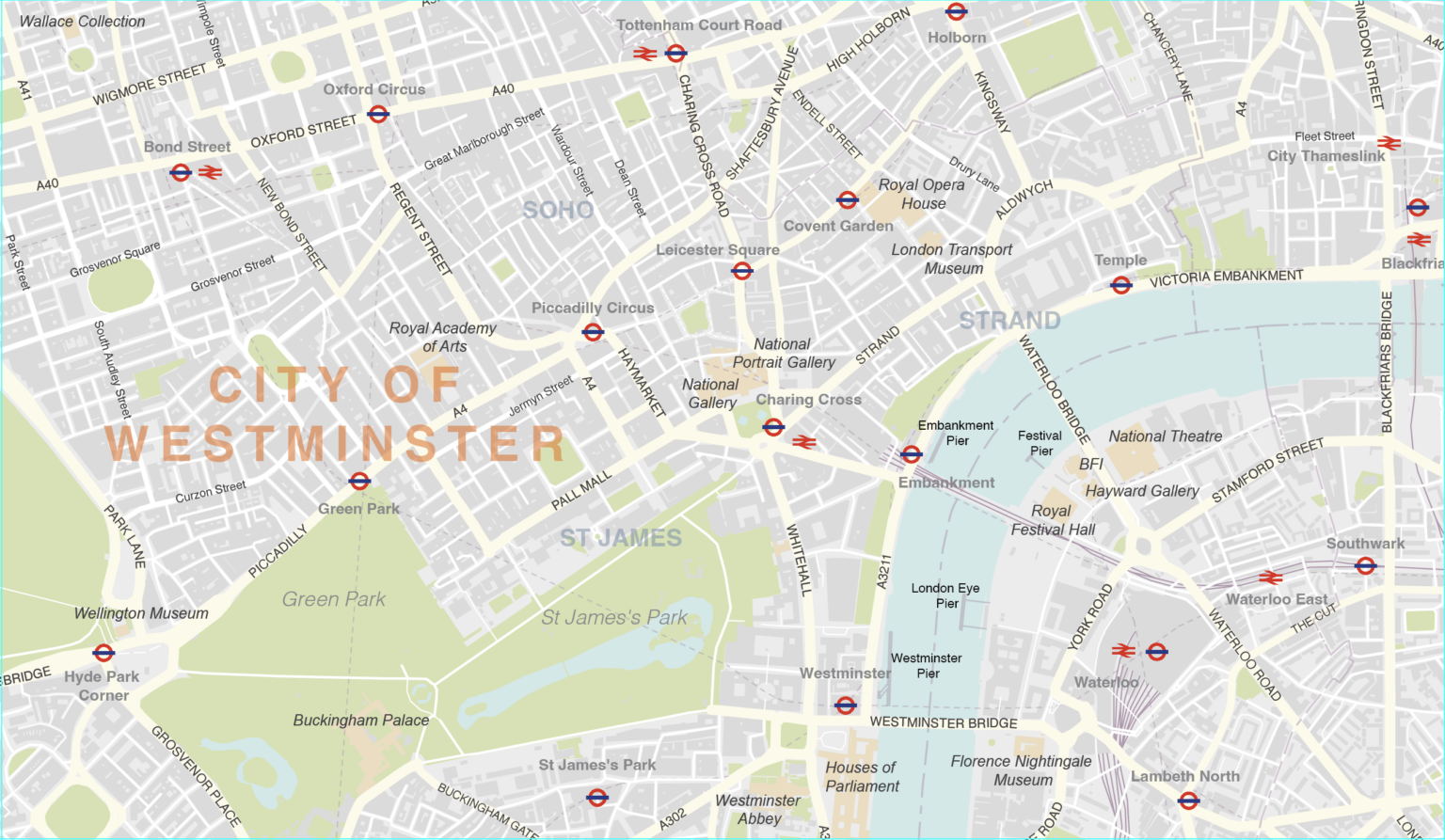 London map - districts, boroughs, transport, landmarks