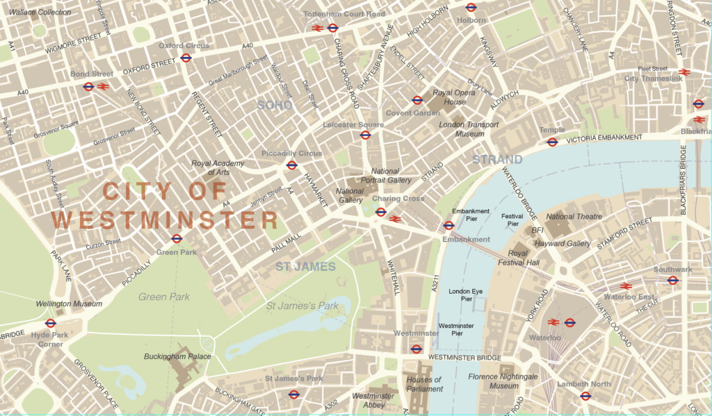 London map - districts, boroughs, transport, landmarks