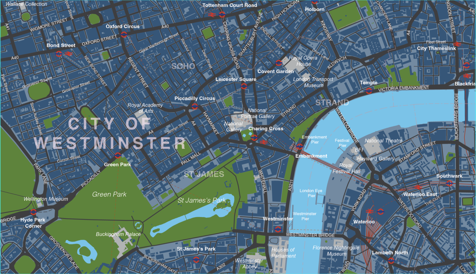 London map - districts, boroughs, transport, landmarks