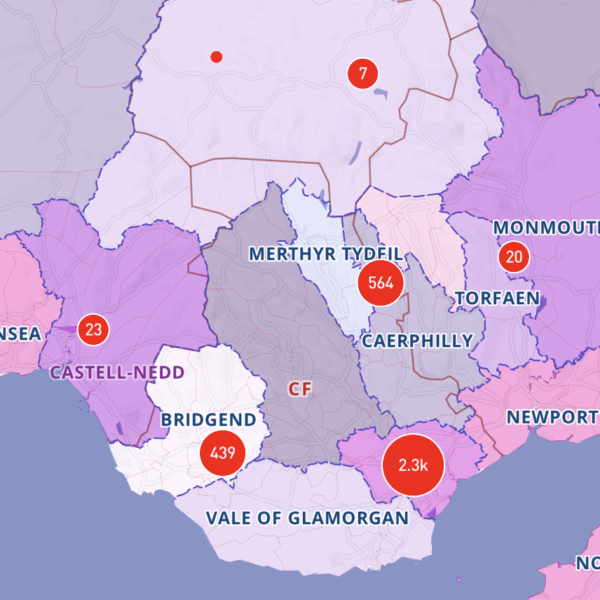 Example of a map created with the Bulk Postcodes Plotter – Maproom