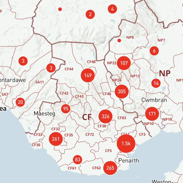 Example of a map created with the Bulk Postcodes Plotter – Maproom