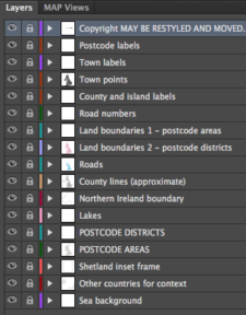 postcodes map with towns and roads Illustrator vector layers – Maproom