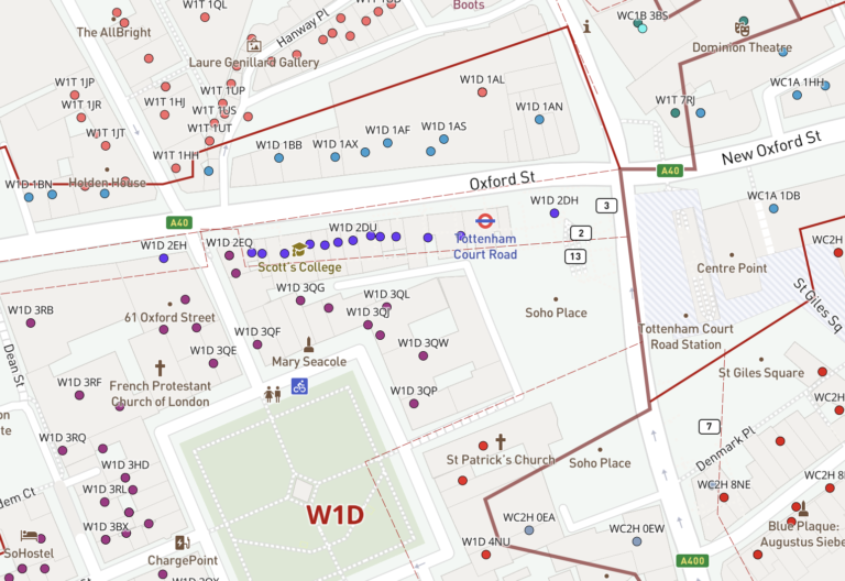 Map of central London postcode districts – W1, WC, EC – Maproom
